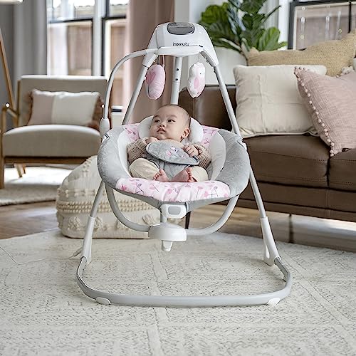 Ingenuity SimpleComfort Lightweight Compact 6-Speed Multi-Direction Baby Swing, Vibrations & Nature Sounds, 0-9 Months 6-20 lbs (Pink Cassidy)