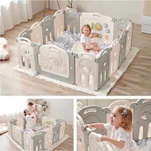 Fortella Cloud Castle Foldable Playpen, Baby Safety Play Yard with Whiteboard and Activity Wall, Indoors or Outdoors (Gray, 14 Panel)