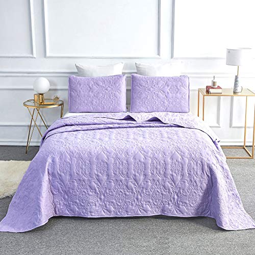 Sophia and William 3 Pieces Quilt Set Queen/Full Size with 1 Quilt and 2 Pillow Shams, Reversible Microfiber Bedding Bedspread Coverlet Set, Cozy, Lightweight and Hypoallergenic, Purple