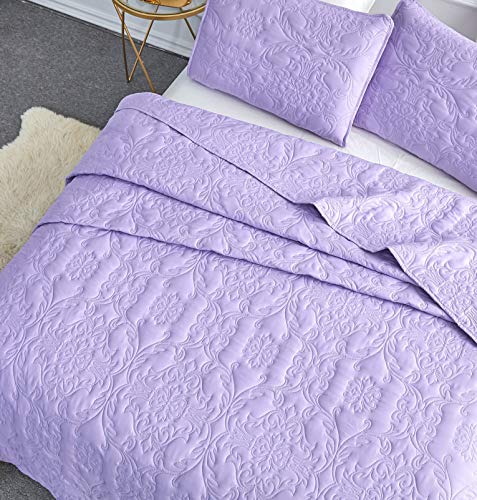 Sophia and William 3 Pieces Quilt Set Queen/Full Size with 1 Quilt and 2 Pillow Shams, Reversible Microfiber Bedding Bedspread Coverlet Set, Cozy, Lightweight and Hypoallergenic, Purple