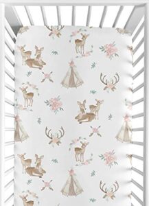 sweet jojo designs blush pink, mint green and white boho baby or toddler fitted crib sheet for woodland deer floral collection