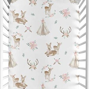 Sweet Jojo Designs Blush Pink, Mint Green and White Boho Baby or Toddler Fitted Crib Sheet for Woodland Deer Floral Collection