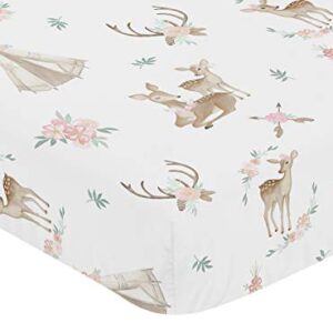 Sweet Jojo Designs Blush Pink, Mint Green and White Boho Baby or Toddler Fitted Crib Sheet for Woodland Deer Floral Collection