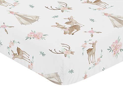 Sweet Jojo Designs Blush Pink, Mint Green and White Boho Baby or Toddler Fitted Crib Sheet for Woodland Deer Floral Collection