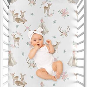 Sweet Jojo Designs Blush Pink, Mint Green and White Boho Baby or Toddler Fitted Crib Sheet for Woodland Deer Floral Collection