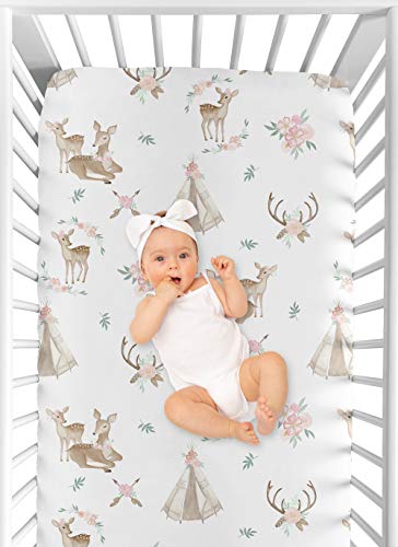 Sweet Jojo Designs Blush Pink, Mint Green and White Boho Baby or Toddler Fitted Crib Sheet for Woodland Deer Floral Collection