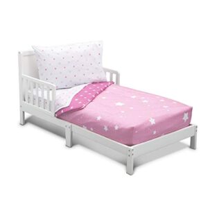 delta children 4 piece toddler bedding set for girls - reversible 2-in-1 comforter - includes fitted comforter to keep little ones snug, bottom sheet, top sheet, pillow case - pink blushing star