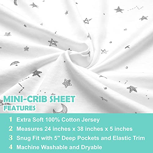 American Baby Company 100% Natural Cotton Value Jersey Knit Fitted Portable/Mini-Crib Sheet, Grey Star/Zigzag, 24" x 38" x 5", Soft Breathable, for Boys and Girls, Pack of 3