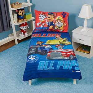 Paw Patrol Calling All Pups 4 Piece Toddler Bedding Set - Includes Quilted Comforter, Fitted Sheet, Top Sheet, and Pillow Case for Boys Bed, Blue