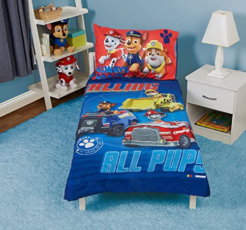 Paw Patrol Calling All Pups 4 Piece Toddler Bedding Set - Includes Quilted Comforter, Fitted Sheet, Top Sheet, and Pillow Case for Boys Bed, Blue