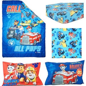 Paw Patrol Calling All Pups 4 Piece Toddler Bedding Set - Includes Quilted Comforter, Fitted Sheet, Top Sheet, and Pillow Case for Boys Bed, Blue