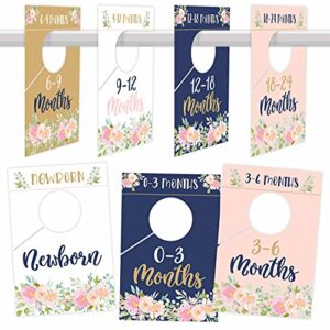 7 navy pink gold baby nursery closet organizer dividers for girl clothing, floral flower age size hanger organization for kid toddler infant newborn clothes, shower registry gift supplies, 0-24 months