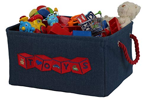 Toy Storage Basket Bin for Organizing Baby, Kids, Dog Toys, Children Books. Denim Canvas Box Organizer w/Attractive Red Patch for Playroom, Nursery …