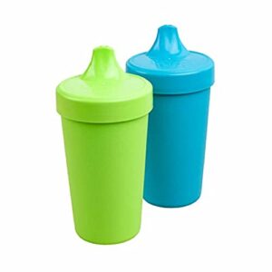 re play made in usa 2pk toddler feeding no spill sippy cups with 1 piece silicone easy clean valve, bpa free eco friendly heavyweight recycled milk jugs, virtually indestructible, lime & sky blue