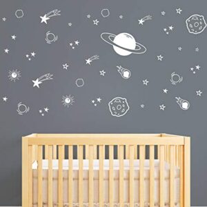 Planet Wall Decal, Boys Room Decor, Outer Space Wall Decals, Star Wall Stickers, Vinyl Wall Decals for Children Baby Kids Boys Bedroom, Nursery Decor Y04 (White)