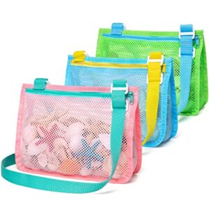 f-color beach toy kids beach bag shell collecting bag, mesh beach bag seashell bag net bag for sea sand pool swim beach shell accessories beach gifts for kids girls boys, 3 packs (green, blue, pink)