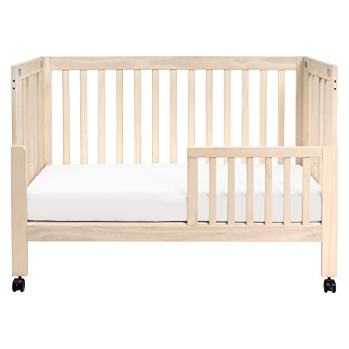 Babyletto Maki Full-Size 2-in-1 Portable Folding Crib with Toddler Bed Conversion Kit in Washed Natural, Greenguard Gold Certified