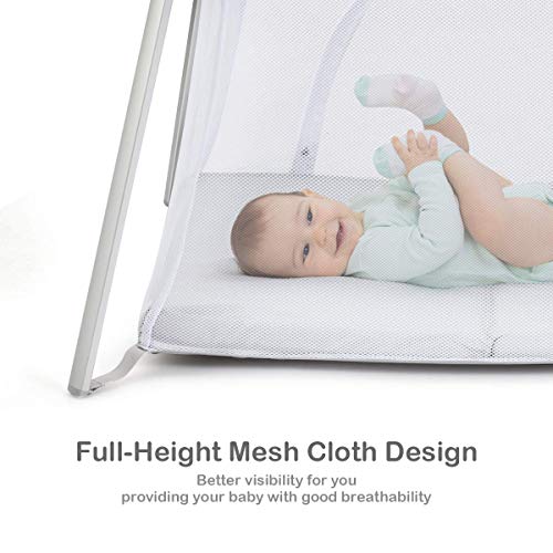 BABY JOY 2 in 1 Travel Crib with Side Zipper, Portable Pack and Play with Soft Washable Mattress, Lightweight Installation-Free Home Playard with Carry Bag, for Infants & Toddlers (Silver)