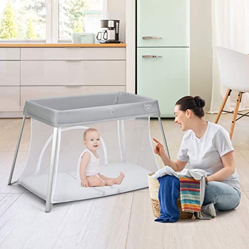 BABY JOY 2 in 1 Travel Crib with Side Zipper, Portable Pack and Play with Soft Washable Mattress, Lightweight Installation-Free Home Playard with Carry Bag, for Infants & Toddlers (Silver)