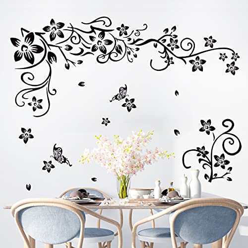 LiveGallery Removable Black Vinyl Flowers Wall Decals DIY Flower Vines and Butterfly Wall Stickers Decor Peel Stick Art Decoration for Teens Room Baby Girls Bedroom Living Room Home Wall Corner