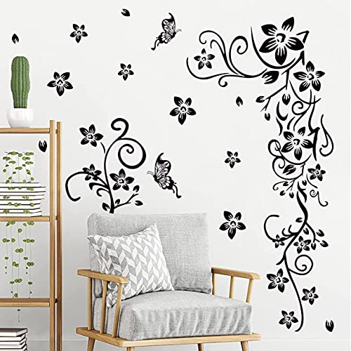 LiveGallery Removable Black Vinyl Flowers Wall Decals DIY Flower Vines and Butterfly Wall Stickers Decor Peel Stick Art Decoration for Teens Room Baby Girls Bedroom Living Room Home Wall Corner