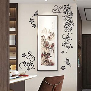 LiveGallery Removable Black Vinyl Flowers Wall Decals DIY Flower Vines and Butterfly Wall Stickers Decor Peel Stick Art Decoration for Teens Room Baby Girls Bedroom Living Room Home Wall Corner