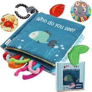 soft cloth crinkle books touch feel baby books 0-6 months for babies,infants,toddlers,baby boy girl toys 0-3 months 6 to 12 months 1-3 years old shower gifts box, sensory toy fish octopus,teether ring