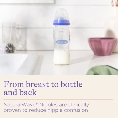 Lansinoh Glass Baby Bottles for Breastfeeding Babies, Includes 4 Medium Flow Nipples (Size 3M), 8 Ounce (Pack of 4)