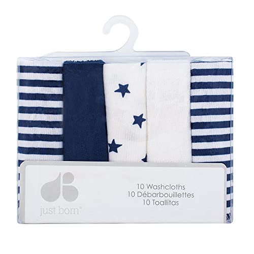 Just Born Boys and Girls Newborn Infant Baby Toddler Soft Bath Baby Washcloth Multi Pack, Navy White, 10 Pack, 0.29 pounds