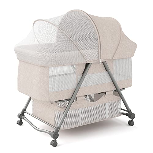 67i Baby Bassinet Portable Folding Rocking Bassinet for Baby 2-in-1 Rocking Cradle Quick-Fold Bassinet for Newborn Infant Crib Toddler Bassinet with Storage Basket and Travel Bag (Deep Khaki)