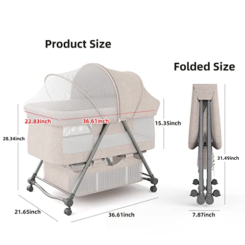 67i Baby Bassinet Portable Folding Rocking Bassinet for Baby 2-in-1 Rocking Cradle Quick-Fold Bassinet for Newborn Infant Crib Toddler Bassinet with Storage Basket and Travel Bag (Deep Khaki)