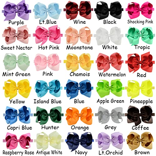 WillingTee 6 Inch 30 Colors Boutique Grosgrain Ribbon Hair Big Bows Headbands for Baby Girls Infants Toddler Kids Teens and Children