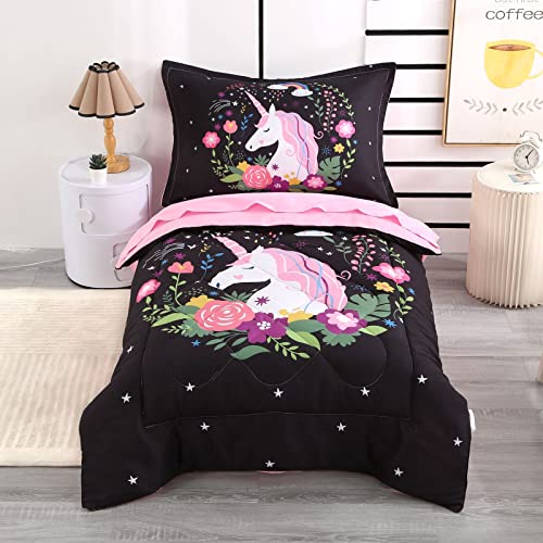 Wowelife Unicorn Toddler Bedding Set, Premium 4 Piece Toddler Bedding Sets for Girls, Rainbow Flower Bed-in-a-Bag, Super Soft and Comfortable for Kids