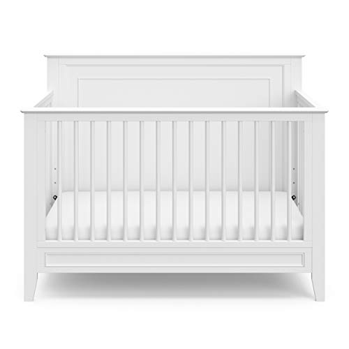 Storkcraft Solstice 5-In-1 Convertible Crib (White) – GREENGUARD Gold Certified, Converts to Toddler Bed and Full-Size Bed, Fits Standard Full-Size Crib Mattress, Adjustable Mattress Support Base