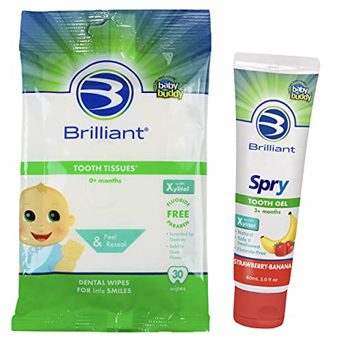 Brilliant Xylitol Products Bundle - Tooth Tissues Dental Wipes 30 Count, and Spry Tooth Gel, Strawberry Banana Flavor, 2 Ounces, Tooth Tissues- Newborn and Up, Spry Tooth Gel, All Ages (00580-00532)