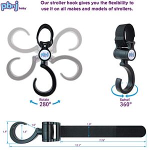 PBnJ baby Stroller Hooks for Hanging Diaper Bags - Mommy Stroller Clip and Stroller Accessories Travel Organizer Hook - for Mom Purse Shopping Grocery Bag and Accessory - (2 Pack)