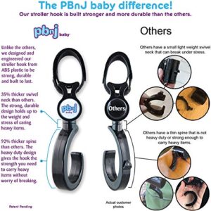 PBnJ baby Stroller Hooks for Hanging Diaper Bags - Mommy Stroller Clip and Stroller Accessories Travel Organizer Hook - for Mom Purse Shopping Grocery Bag and Accessory - (2 Pack)