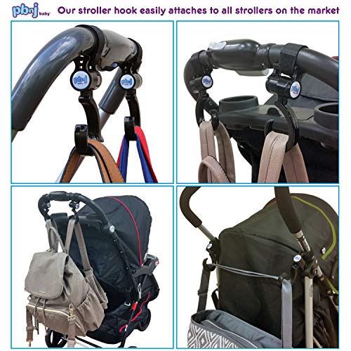 PBnJ baby Stroller Hooks for Hanging Diaper Bags - Mommy Stroller Clip and Stroller Accessories Travel Organizer Hook - for Mom Purse Shopping Grocery Bag and Accessory - (2 Pack)