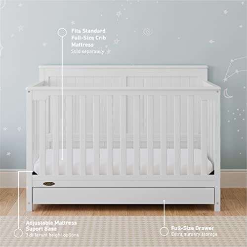 Graco Hadley 5-in-1 Convertible Crib with Drawer (White) – GREENGUARD Gold Certified, Crib with Drawer Combo, Full-Size Nursery Storage Drawer, Converts to Toddler Bed, Daybed and Full-Size Bed