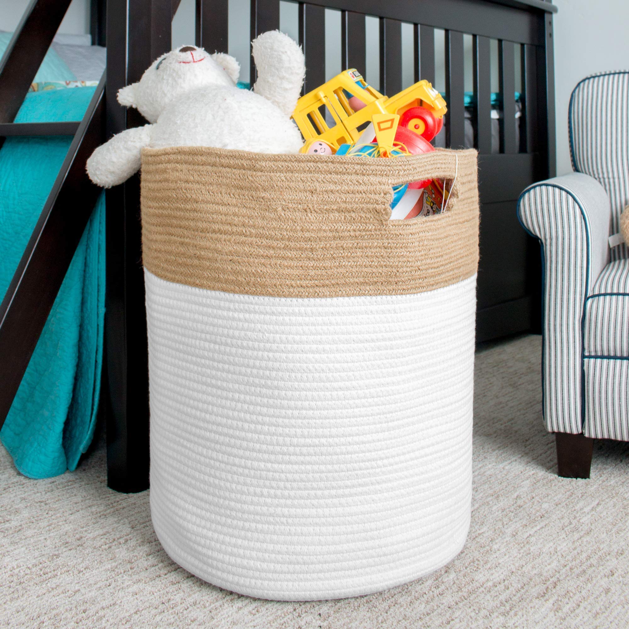 Large Living Room Blanket Basket | Tall Cotton Basket for Storage | 19 x 16 x 16 Inches | Laundry Hamper for Nursery & Bedroom | White & Tan