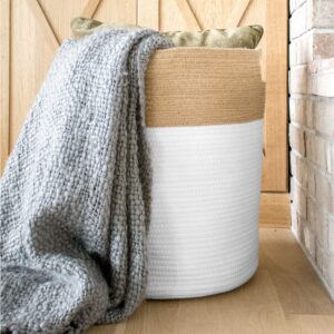 Large Living Room Blanket Basket | Tall Cotton Basket for Storage | 19 x 16 x 16 Inches | Laundry Hamper for Nursery & Bedroom | White & Tan