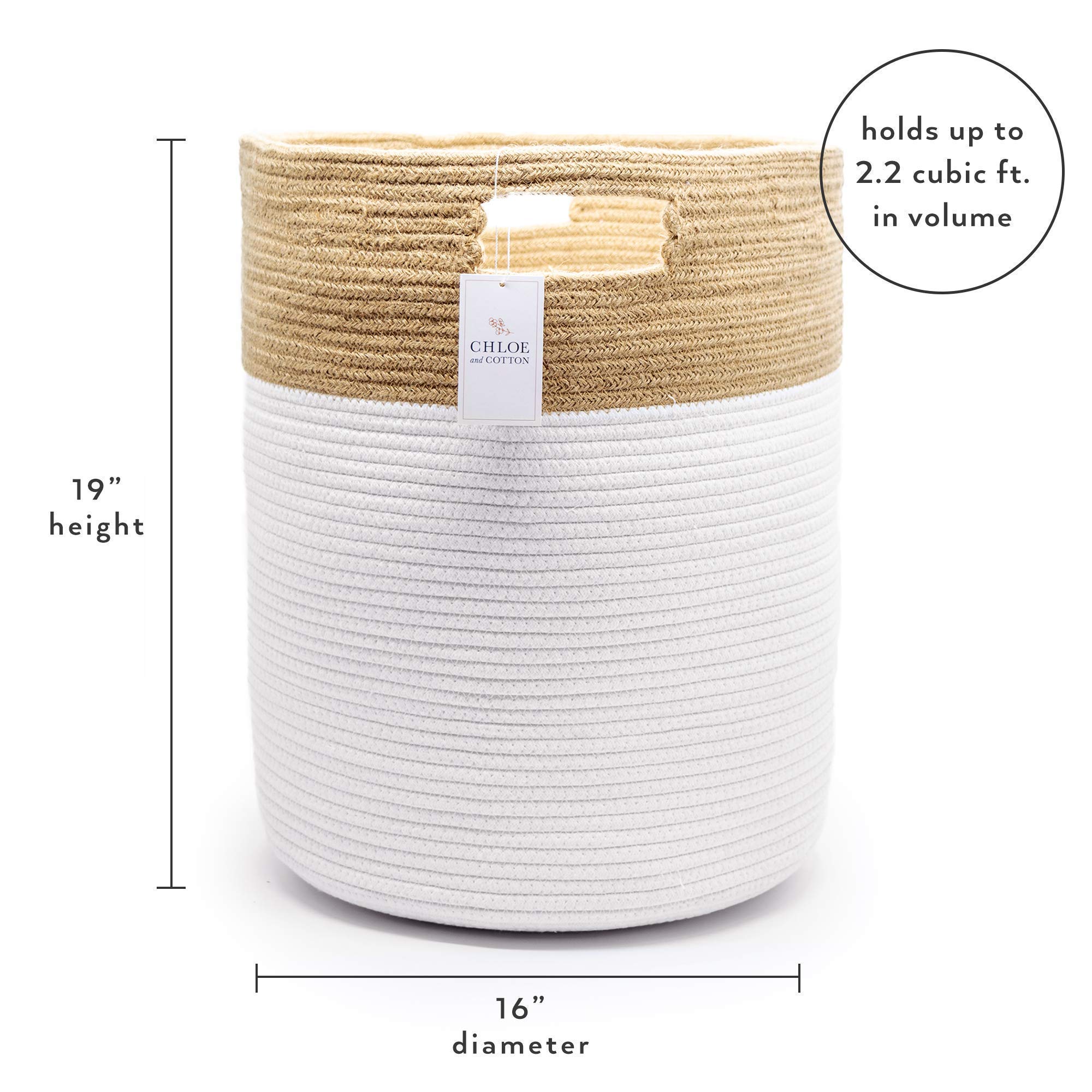 Large Living Room Blanket Basket | Tall Cotton Basket for Storage | 19 x 16 x 16 Inches | Laundry Hamper for Nursery & Bedroom | White & Tan