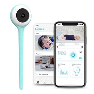 lollipop baby monitor (turquoise) - with contactless breathing monitoring (no extra sensor required, subscription service), sleep tracking and true crying detection, smart ai wifi baby camera