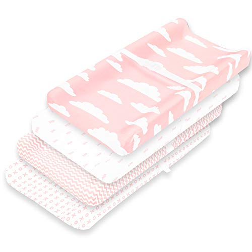 Changing Pad Cover – Premium Baby Changing Pad Covers 4 Pack – Girl Changing Pad Cover – Pure Jersey Machine Washable Pink and White Changing Table Cover – Diaper Changing Pad Cover Sheets