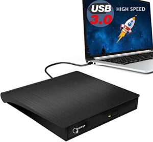 gotega external dvd drive, usb 3.0 portable cd/dvd +/-rw drive/dvd player for laptop cd rom burner compatible with laptop desktop pc windows linux os apple mac black