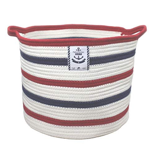 Orino Nautical Large Cotton Rope Storage Baskets with Handle, Soft Durable Laundry Baskets Nursery Hamper Organizer for Kids Toys (15.8x15x11.8 inch, Blue&Red Stripe American Flag Style)