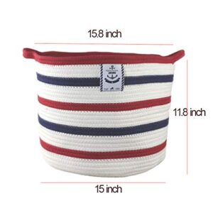 Orino Nautical Large Cotton Rope Storage Baskets with Handle, Soft Durable Laundry Baskets Nursery Hamper Organizer for Kids Toys (15.8x15x11.8 inch, Blue&Red Stripe American Flag Style)