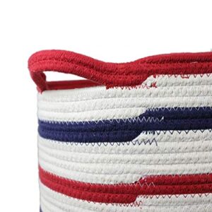 Orino Nautical Large Cotton Rope Storage Baskets with Handle, Soft Durable Laundry Baskets Nursery Hamper Organizer for Kids Toys (15.8x15x11.8 inch, Blue&Red Stripe American Flag Style)