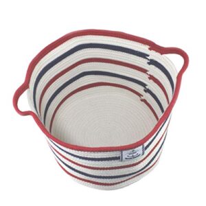 Orino Nautical Large Cotton Rope Storage Baskets with Handle, Soft Durable Laundry Baskets Nursery Hamper Organizer for Kids Toys (15.8x15x11.8 inch, Blue&Red Stripe American Flag Style)