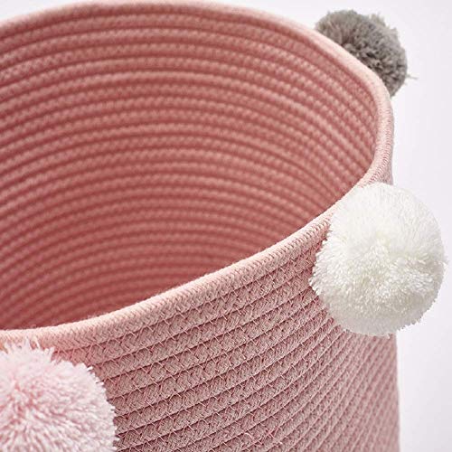 Leadtimes Pink Cotton Rope Storage Baskets 12.6" x 12.6" x 14.6" Woven Baby Cute Pompoms Orangizer Bins for Laundry, Cloths, Home Decoration